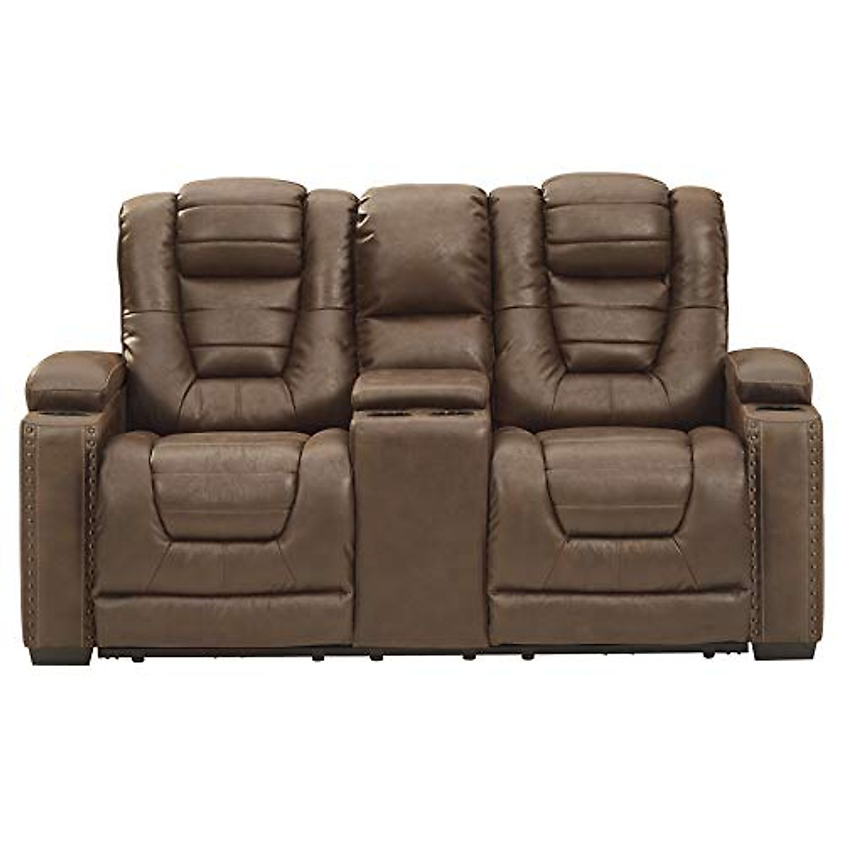 Signature Design by Ashley Owner's Box Faux Leather Power Reclining Loveseat with Center Console, Brown
