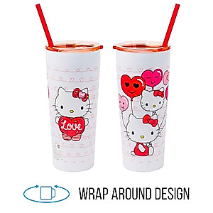 Silver Buffalo Sanrio Hello Kitty Heart Balloons Double Walled Stainless Steel Tumbler with Straw, 22 Ounces