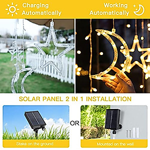 Techip Solar Lights Outdoor Moons Stars Lights 138LED Solar Powered String Lights Outside Waterproof Patio Lights Decor for Ramadan Porch Window Backyard Tent Garden,Warm White Lights with Remote