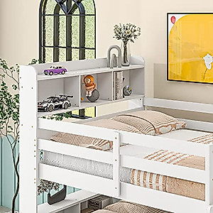 Harper & Bright Designs Full Over Bunk Beds with Bookcase Headboard, Solid Wood Bed Frame Storage, Safety Rail and Ladder, Kids/Teens Bedroom, Can Be converted into 2 Beds, White
