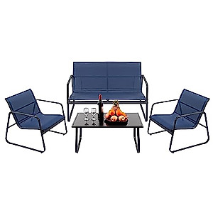 PAIQIAN 4 Pieces Patio Furniture Set Outdoor Patio Conversation Sets Poolside Lawn Chairs with Glass Coffee Table Porch Furniture for Courtyard, Garden and Balcony (Blue)