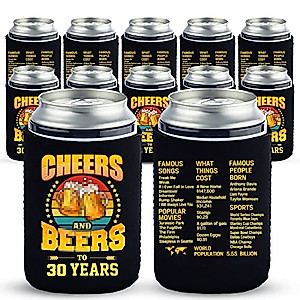 30th Birthday Party Beverage Can Cooler Sleeves, Cheers to 30 Years with Old Time Informations, Happy 30th Birthday Decorations for Men Women, 30th Birthday Party Supplies, Vintage - 12 Pcs