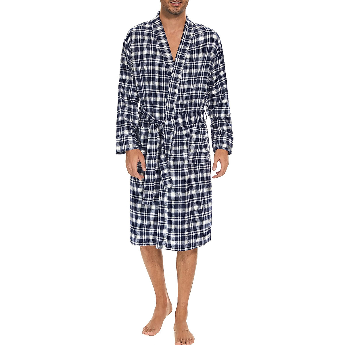 Zerbala Men's Flannel Robe Knee Length Plaid Bathrobe M Navy