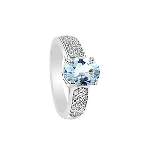 9X7 MM Natural Deep Color Aquamarine Gemstone 925 Sterling Silver March Birthstone Solitaire Unisex Promise Ring For Engagement (Rhodium Plated Silver, 6.5)