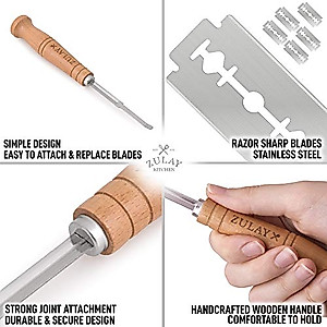 Zulay Kitchen Bread Lame Dough Scoring Tool - Hand Crafted Bread Scoring Tool to Cut Designs on Sourdough, Homemade Bread - Bread Scoring Knife With 6 Stainless Steel Razor Blades and Leather Cover