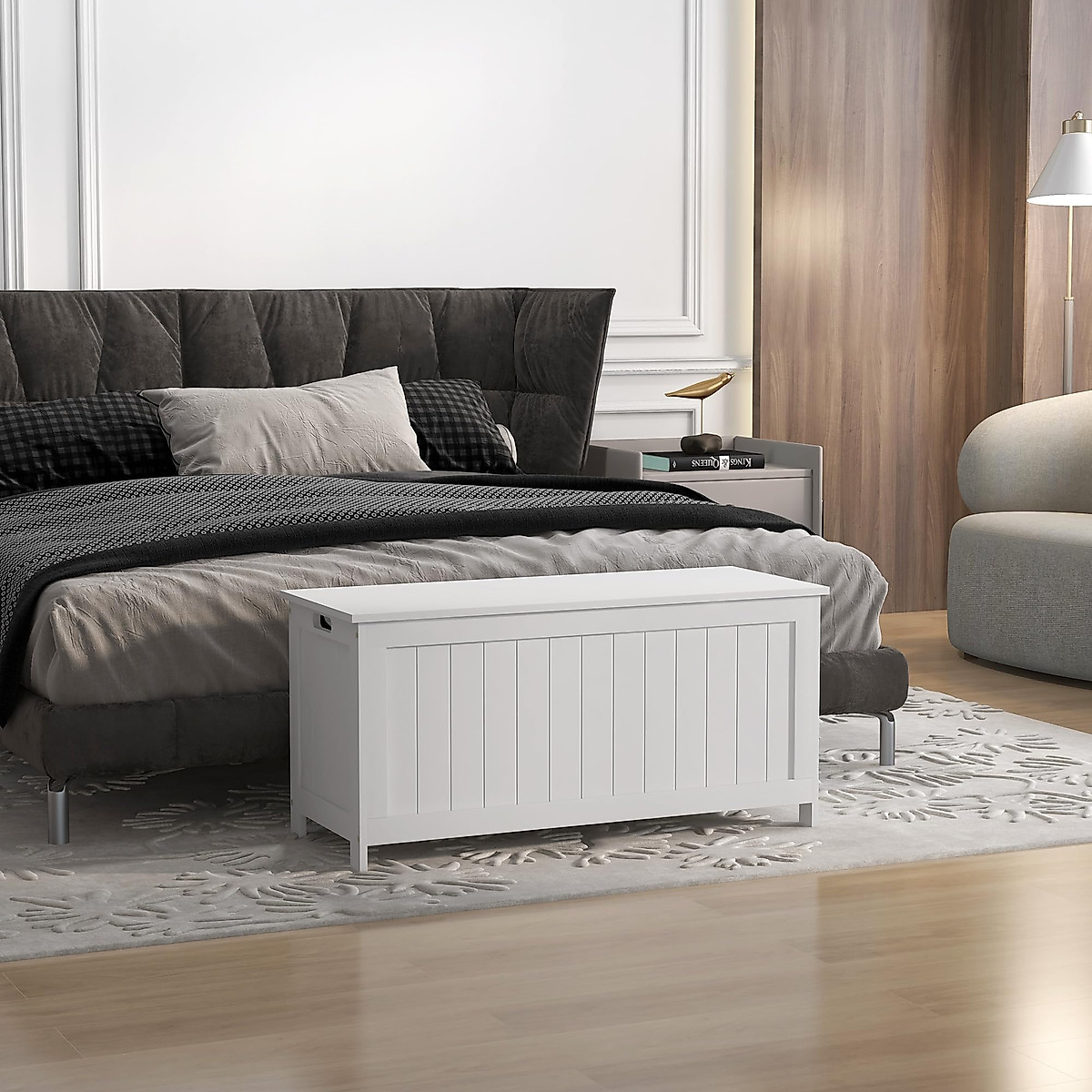 HOMCOM Storage Chest, Wooden Box with 2 Safety Hinges and Cut-out Handles, Modern Storage Trunk for Living Room, Entryway, 39.4" x 15.7" x 18.9", White