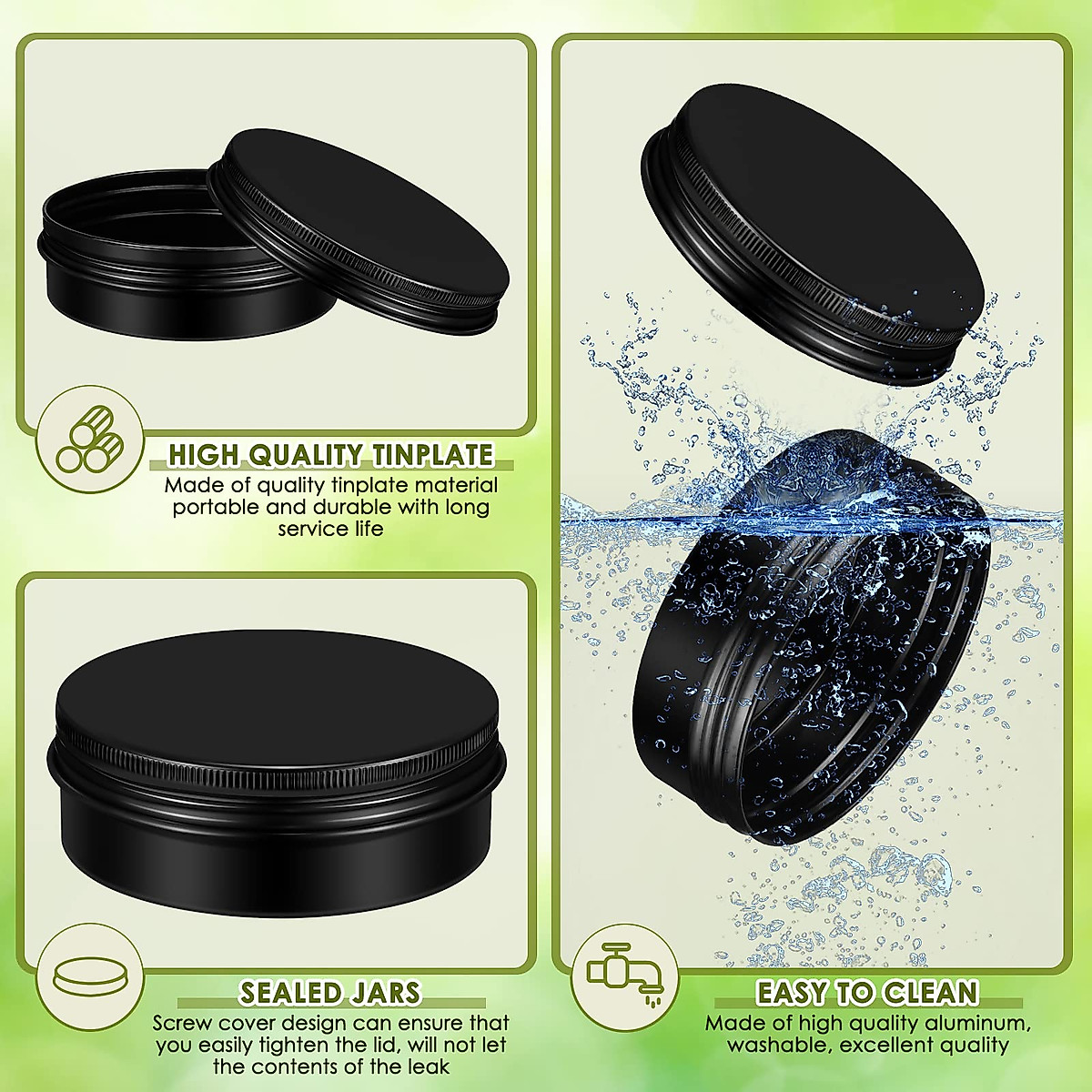 100 Pack Metal Tins 4 oz Aluminum Containers Screw Top Round Tin Cans with Lids for Cosmetic Lip Balm DIY Salves Candles Wax (Black)