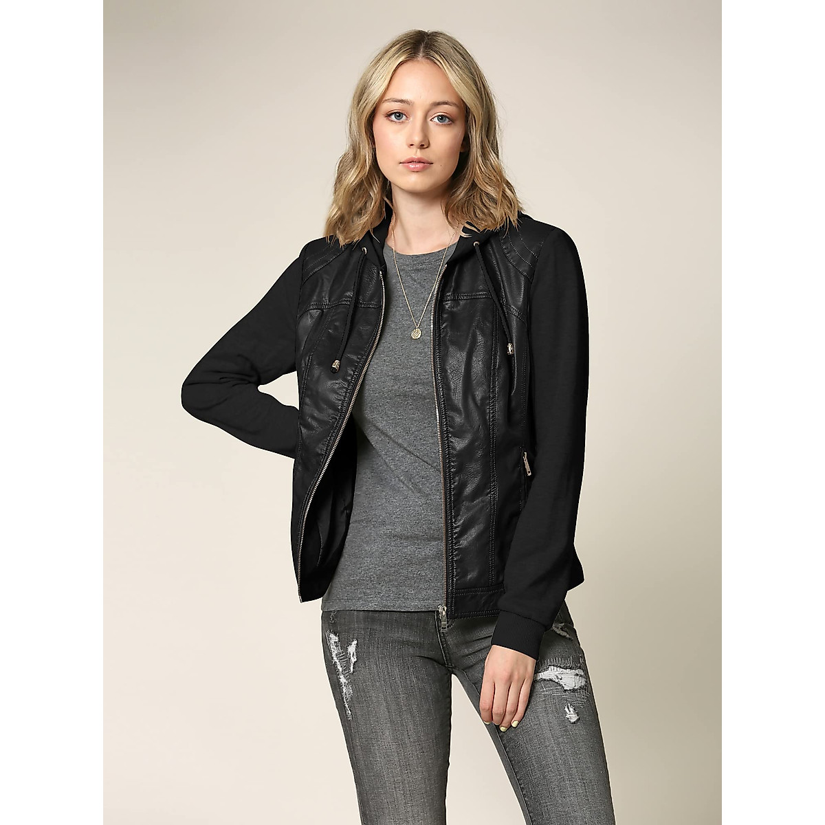 Lock and Love LL WJC1347 Womens Faux Leather Zip Up Moto Biker Jacket with Hoodie XXL Black_Black