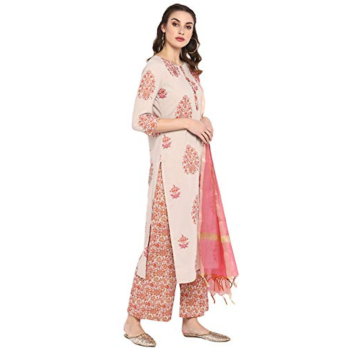 Janasya Indian Women's Multicolor Pure Cotton Kurta with Palazzo and Dupatta(SET172-KR-PP-XXL)