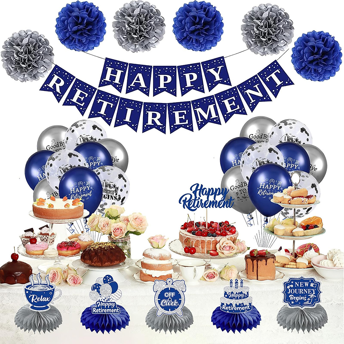 Roetyce Retirement Party Decorations for Men Women, 32PCS Blue Silver Happy Retirement Banner Balloons Honeycomb Cake Topper Pompoms Kit, Blue Retired Sash for Coworker, Office Retirement Supplies