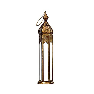 Serene Spaces Living Antique Golden Bronze Metal Lantern, Clear Glass Paneled Tealight Holder, Vintage Decorative Lantern for Dining Table, Wedding, Holiday, Event, Measures 3" Diameter * 13" Tall