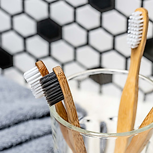 Bamboo Toothbrushes Medium Bristles 5-Pack – 4 White Wooden Toothbrushes, 1 Black Charcoal Toothbrush – Biodegradable Natural Eco Friendly