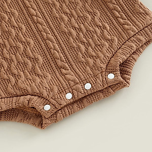 Infant Baby Girls Boys Romper Solid Color Knitted Round Neck Long Fly Sleeve Jumpsuits with Headband (Coffee, 0-6 Months)