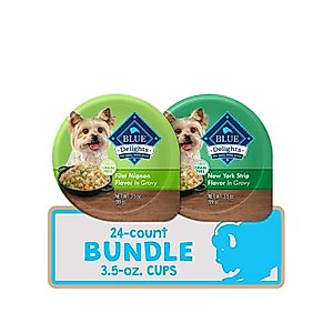 Blue Buffalo Delights Natural Adult Small Breed Wet Dog Food Cups, in Gravy, Filet Mignon & New York Strip 3.5-oz (24 Count - 12 of Each Flavor)