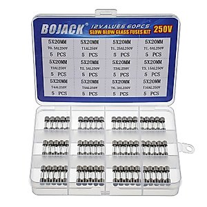 BOJACK 12 Values 60 pcs Slow Blow Glass Fuses Assortment Kit 5x20mm 250V T0.5A 1A 1.25A 1.6A 2A 2.5A 3A 3.15A 4A 5A 6.3A 10A packag in a Clear Plastic Box