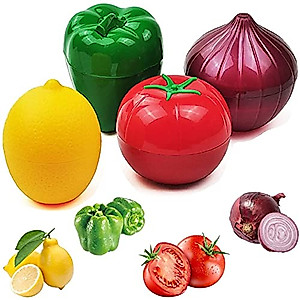 Onion, tomato, lemon, green pepper 4 PCS Fruit and Vegetable Shaped Food Saver Storage，Reusable SiliconeRefrigerator Box Storage Bowls Saver Holder Keeper