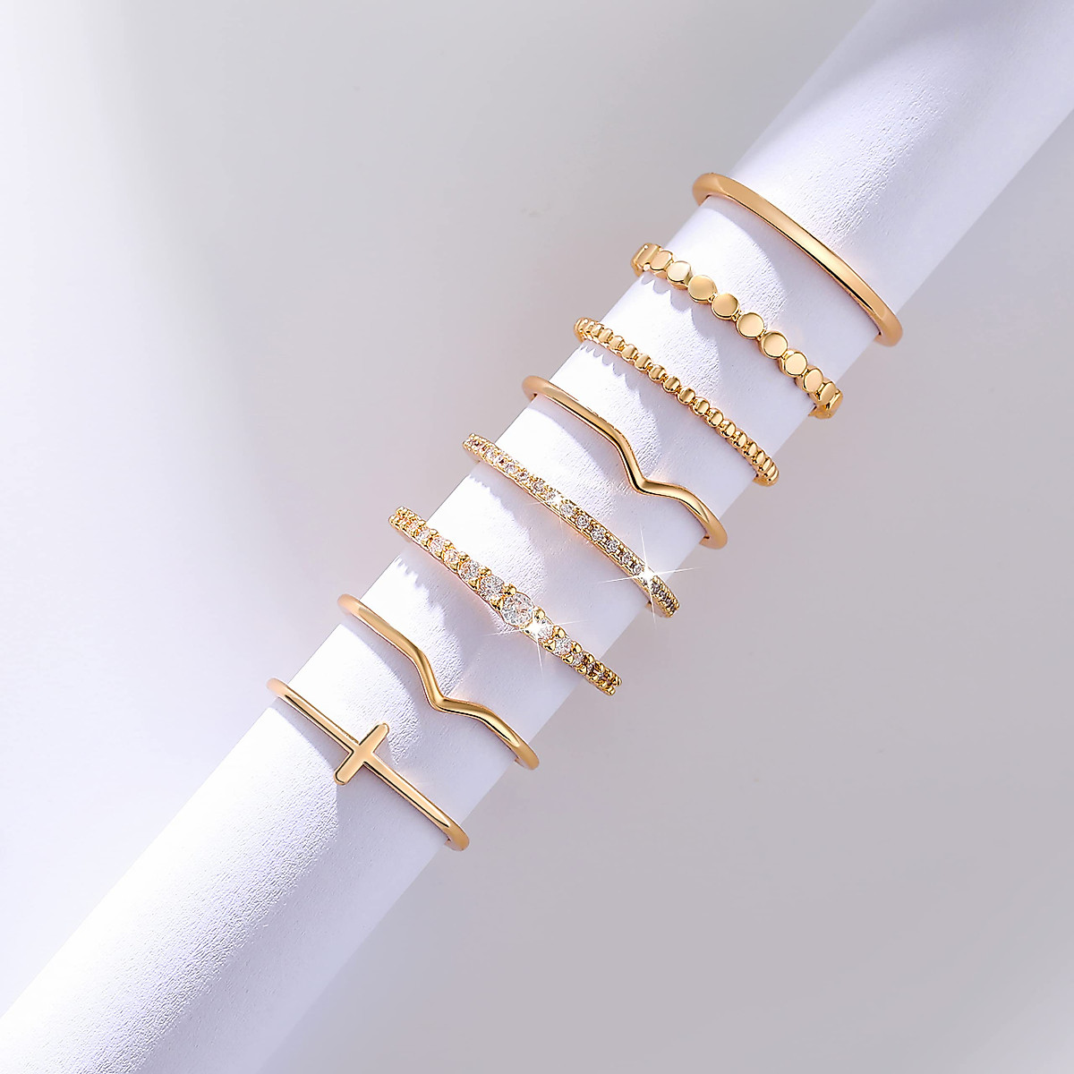 RLMOON 8PCS 14K Gold/Silver Plated Ring Set for Women Dainty CZ Simulated Diamond Ring Eternity Band Non-Tarnish Gold Stackable Ring Size 4-11 (Stacking Ring Gold, 8)