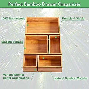 FILWH 5 Piece Bamboo Drawer Organizer Set, Luxury Wooden Desk Storage Box Kit, Multi-use Junk Drawer Organizer for Office, Kitchen, Bedroom, Children Room, Craft, Sewing