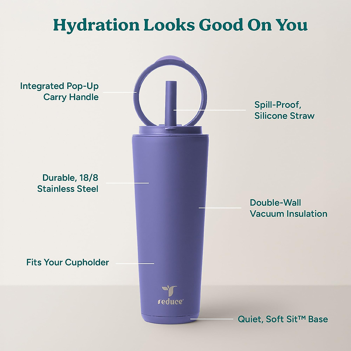 Reduce Halo 24 oz Stainless Steel Vacuum Insulated Tumbler - Spill Proof Travel Mug with Flip Handle Lid - Keeps Drinks Cold for 32 Hrs - Dishwasher Safe - Cupholder Friendly - Future Dusk