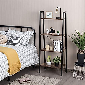 Tangkula Industrial Ladder Shelf, 4-Tier Retro Metal Frame Bookshelf, Multipurpose Bookcase Storage Organizer for Home Living Room Office, 4-Tier Ladder Shelves (Rustic Brown)