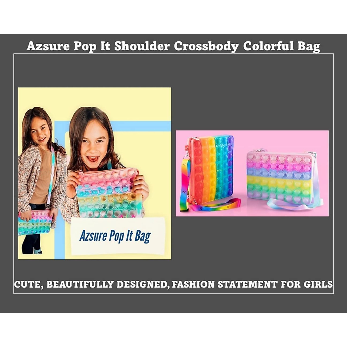 Azsure Large 9 x 7 inch Fidget Pop It Shoulder Crossbody Bag Colorful Pops Purse for Girls Women. Trendy & Fashionable Bubble Poppit Handbag Wallet. Beautiful Design with Candy Colors