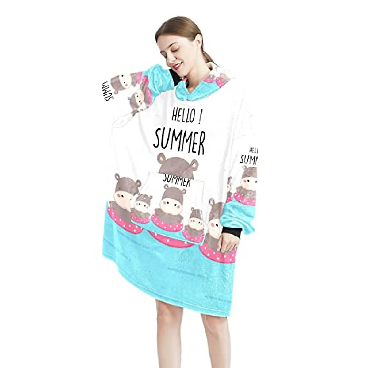 Wearable Blanket Hoodie,Oversized Hooded for Women,Comfy Sweatshirt Hello Summer Cute Hippo-01