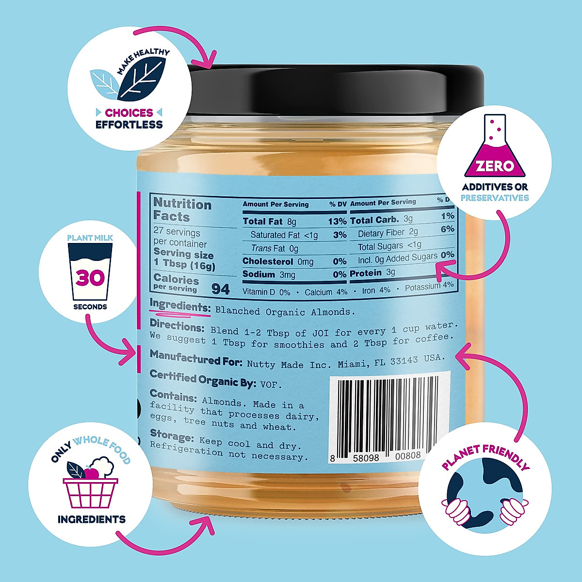 Organic Almond Milk Unsweetened Plain Concentrate by JOI - 27 Servings - Vegan, Kosher, Shelf Stable, Keto-Friendly, Dairy Free, & Fat Free Milk - Almond Milk Powder Substitute, Coffee & Plant Milk Creamer