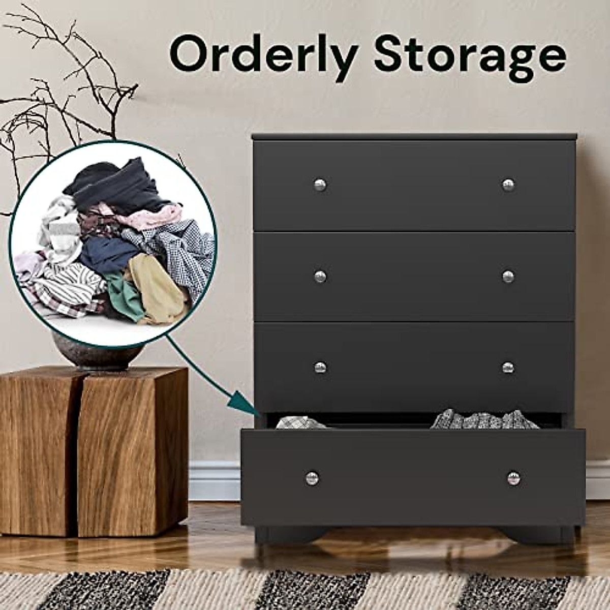 SunsGrove Dresser for Bedroom with 4 Drawers Modern Wooden Dresser for Clothes Organizer Tall Storage Chest of Drawer for Living Room, Children Room, Entryway, Black