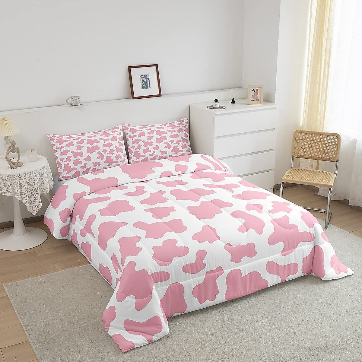 Kid Cartoon Bedding Set Pink Cow Print Duvet Insert Twin,Milk Cow Animal Cowhide Comforter Set Farm Animals Quilted Duvet for Toddler Teen Boys Girls Farmhouse Bull Cattle Kawaii Room Decor