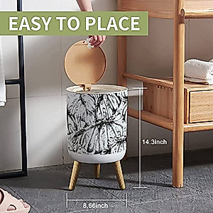 Small Trash Can with Lid Watercolor Tropical Palm Leaves Seamless Fashion Grunge Hawaiian Wood Legs Press Cover Garbage Bin Round Waste Bin Wastebasket for Kitchen Bathroom Office 7L/1.8 Gallon