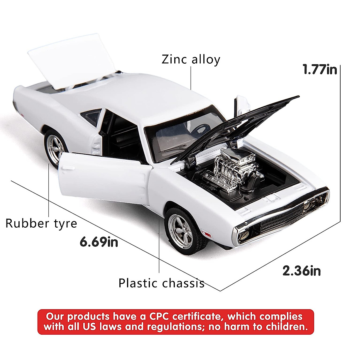 BDTCTK Compatible for 1:32 Dodge Charger Model Car, Zinc Alloy Pull Back Toy Car with Sound and Light for Kids Boy Girl White