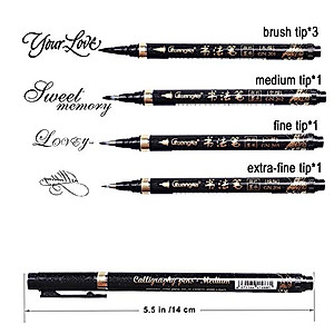 6 Pcs Calligraphy Pen, Hosung Refill Brush Marker Pens Black Hand Lettering Pens for Beginners Writing, Signature, Illustration, Design and Drawing, 4 Sizes