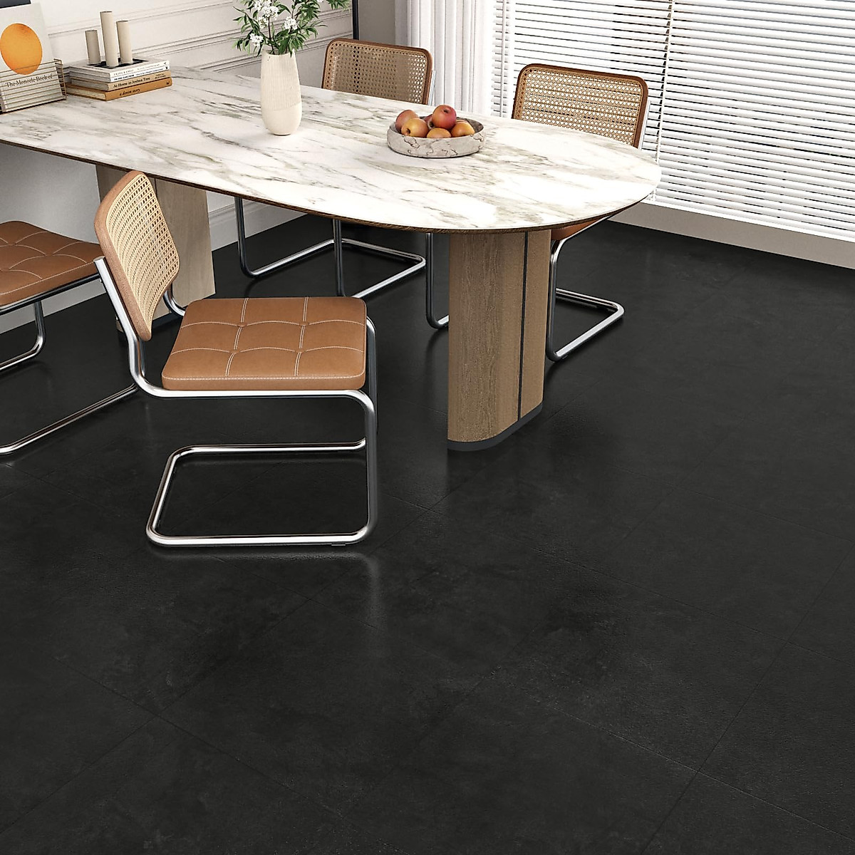 WESTICK Black Peel and Stick Floor Tile Stickers 20 Pack Peel and Stick Bathroom Floor Tiles Waterproof Marble Stick on Tile Floor Kitchen Vinyl Flooring for Bedroom RV Camper Living Room 12" x 12"