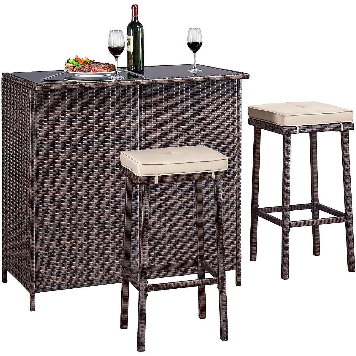 Yaheetech 3pcs Patio Bar Set, Outdoor Wicker Bar Furniture with 2 Storage Shelves, Glass Top Table, Removable Cushions and Two Stools for Backyards, Porches, Gardens or Poolside