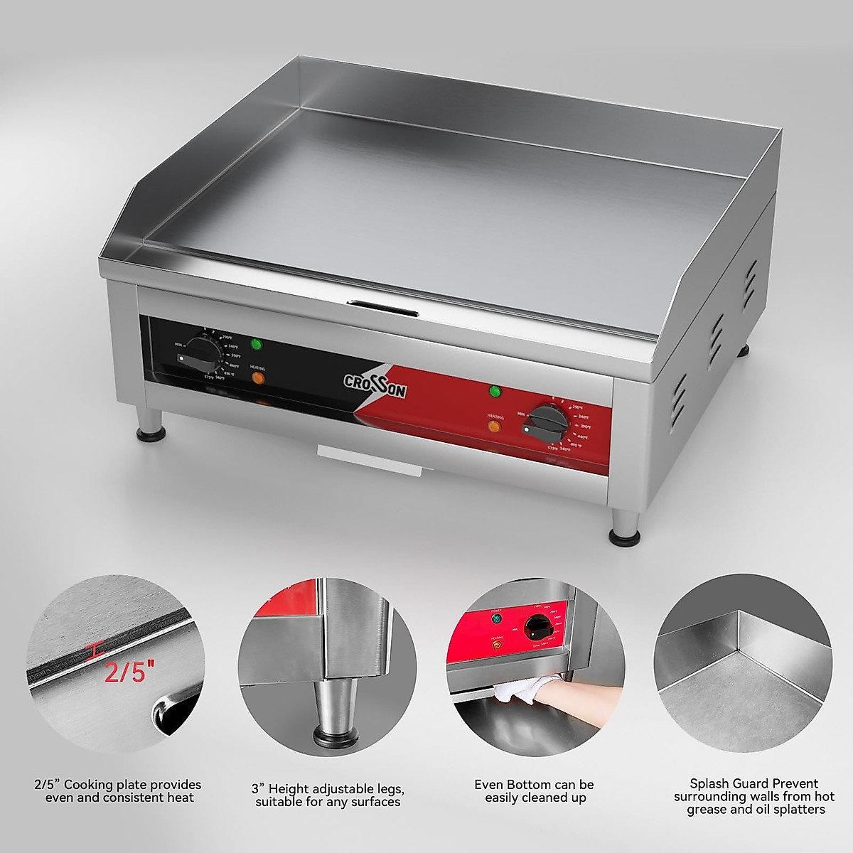 CROSSON 24"*16" Commercial Electric Countertop Griddle,Flat Top Heavy Duty Griddles with Non-Stick 2/5" Thick Iron Cooking Plate for Restaurant use-120V/3500W,Spatula Bonuses