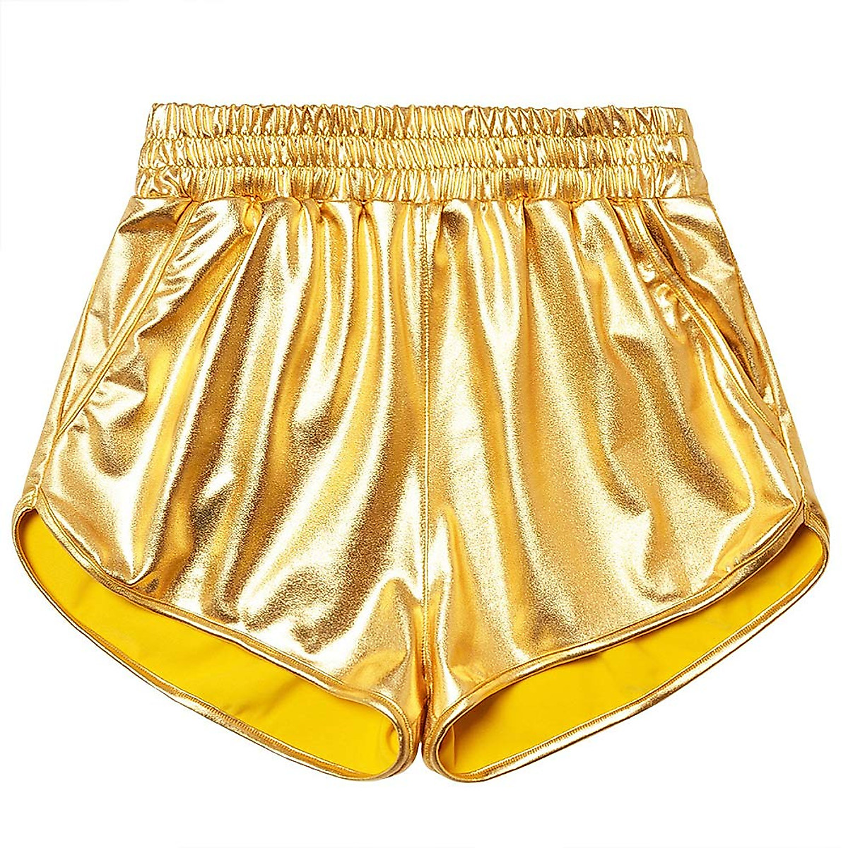 MAKARTHY Women's Metallic Shorts Elastic Waist Shiny Sparkly Rave Pants (Gold, Large)