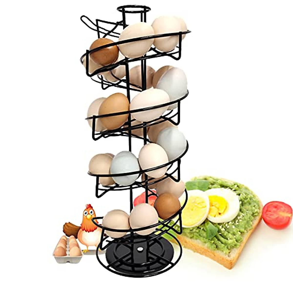 Rotating Egg Organizer Basket, Spiral Design Metal Egg Rack, Stable Base Egg Dispenser Rack, Large Capacity Egg Storage Display Holder Rack, Egg Rack Countertop, Kitchen (Without Handle Black)