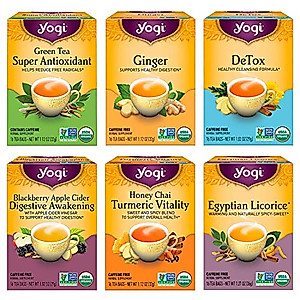 Yogi Tea - Digestion and Detox Tea Variety Pack Sampler (6 Pack) - Green Tea Super Antioxidant, Ginger, DeTox, Blackberry Apple Cider, Honey Chai Turmeric Vitality, and Egyptian Licorice - 96 Tea Bags