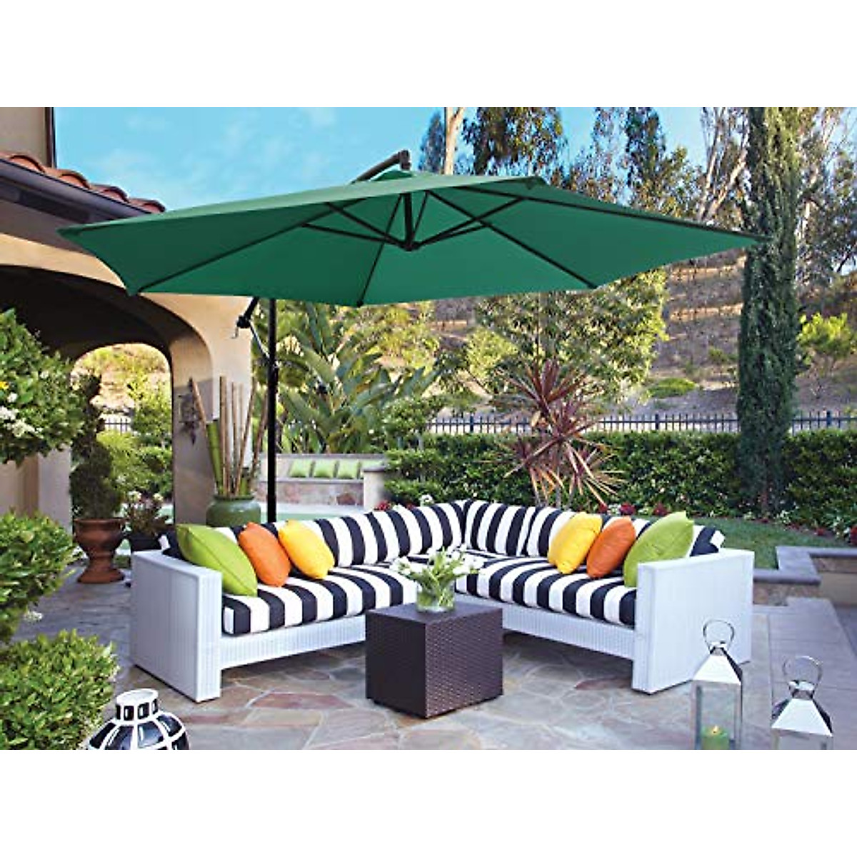 Devoko 10 Ft Patio Offset Cantilever Umbrella Outdoor Market Hanging Umbrellas with Crank & Cross Base Suitable for Garden, Lawn, backyard, Deck and Poolside (Deep Green)