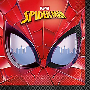 Unique Spiderman Birthday Party Supplies Bundle Pack includes Dessert Cake Paper Plates, Lunch Plates, Napkins, Table Cover, Paper Masks, Confetti (Bundle for 16)