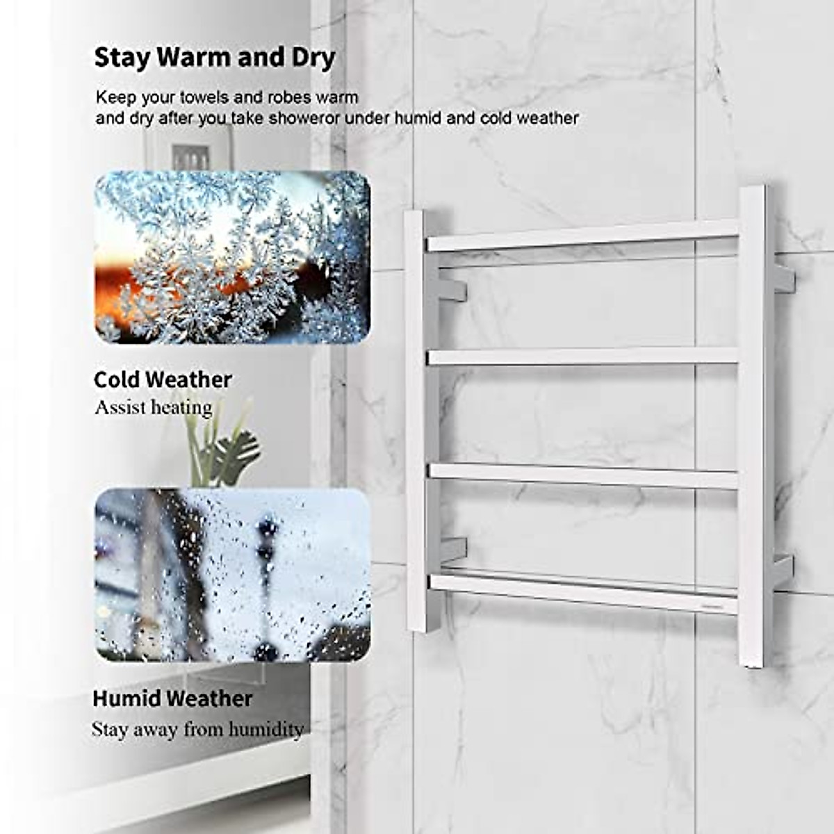 SHARNDY Towel Warmer Polished Chrome for Bathroom Wall Mounted Bath Towel Heater Plug-in Electric Heated Towel Rack Stainless Steel Square 4 Bars Drying Rack ETW13-2A 35W 19.69x17.71x4.33 inches