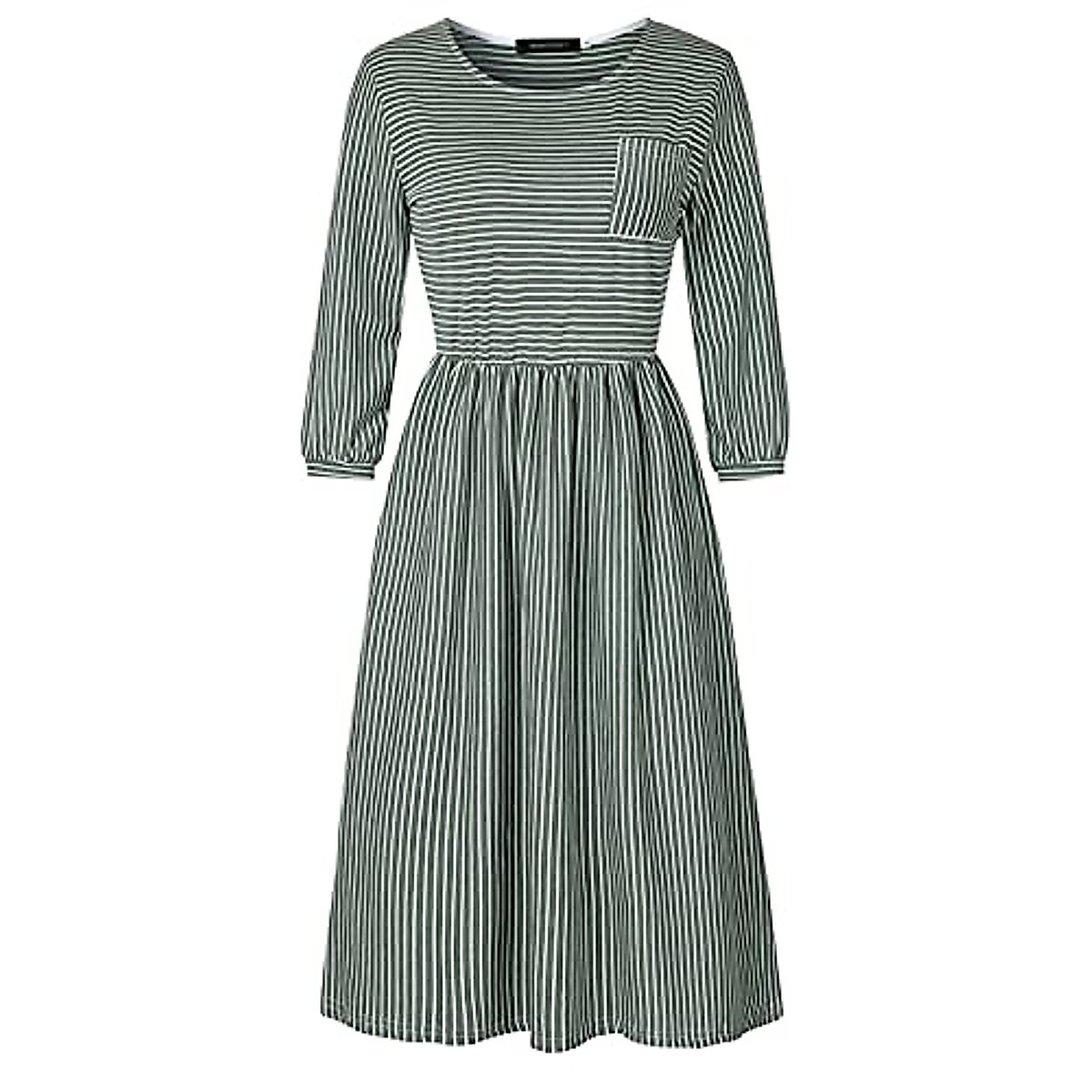 MEROKEETY Women's Short Sleeve Striped High Waist T Shirt Midi Dress with Pockets, Olive, Medium