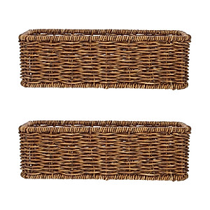 Wicker Storage Baskets Set of 2 Woven Shelf Baskets Narrow Storage Baskets for Organizing Brown Storage Bins for Shelves, Small Wicker Basket for Kitchen Tabletop Bedroom Closet Storage