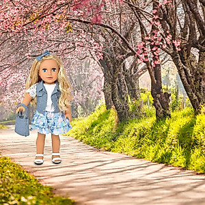 Gift Boutique 18 Inch Girl Doll, Fashion Doll with Fine Blond Long Hair for Styling, Blue Eyes, Floral Outfit Denim Jacket Sandals Boots Hair Bow Handbag, Doll Clothes & Accessories for Girls and Kids