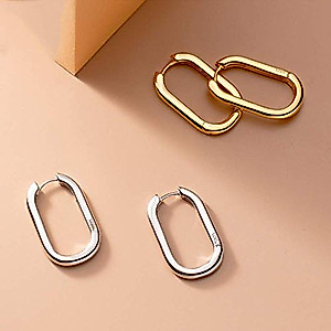 SILBERTALE Rectangle Hoop Earrings 925 Sterling Silver Gold Plated Paperclip Huggie Hoops U Link Earrings for Women