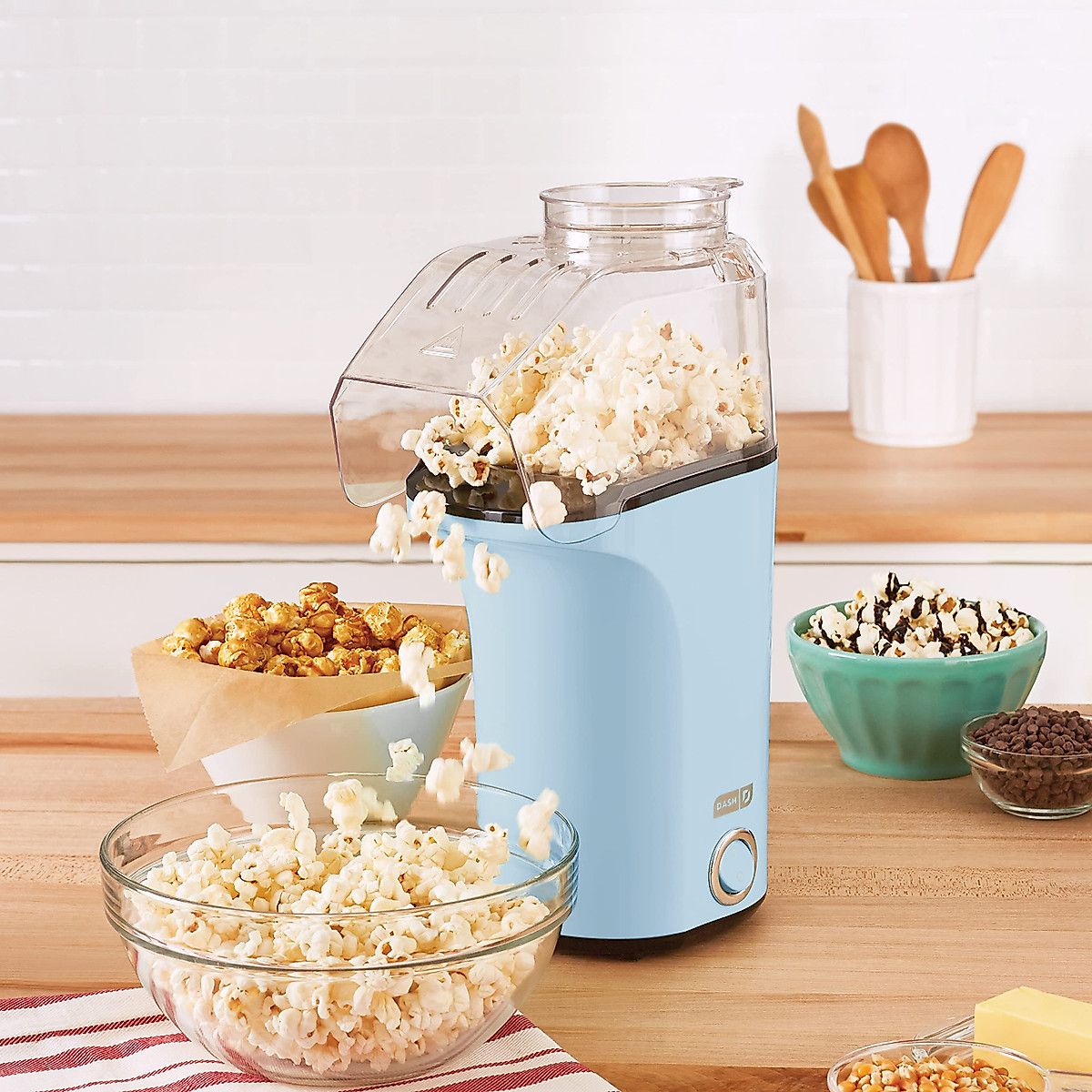 DASH Hot Air Popcorn Popper Maker with Measuring Cup to Portion Popping Corn Kernels + Melt Butter, 16 Cups - Dream Blue