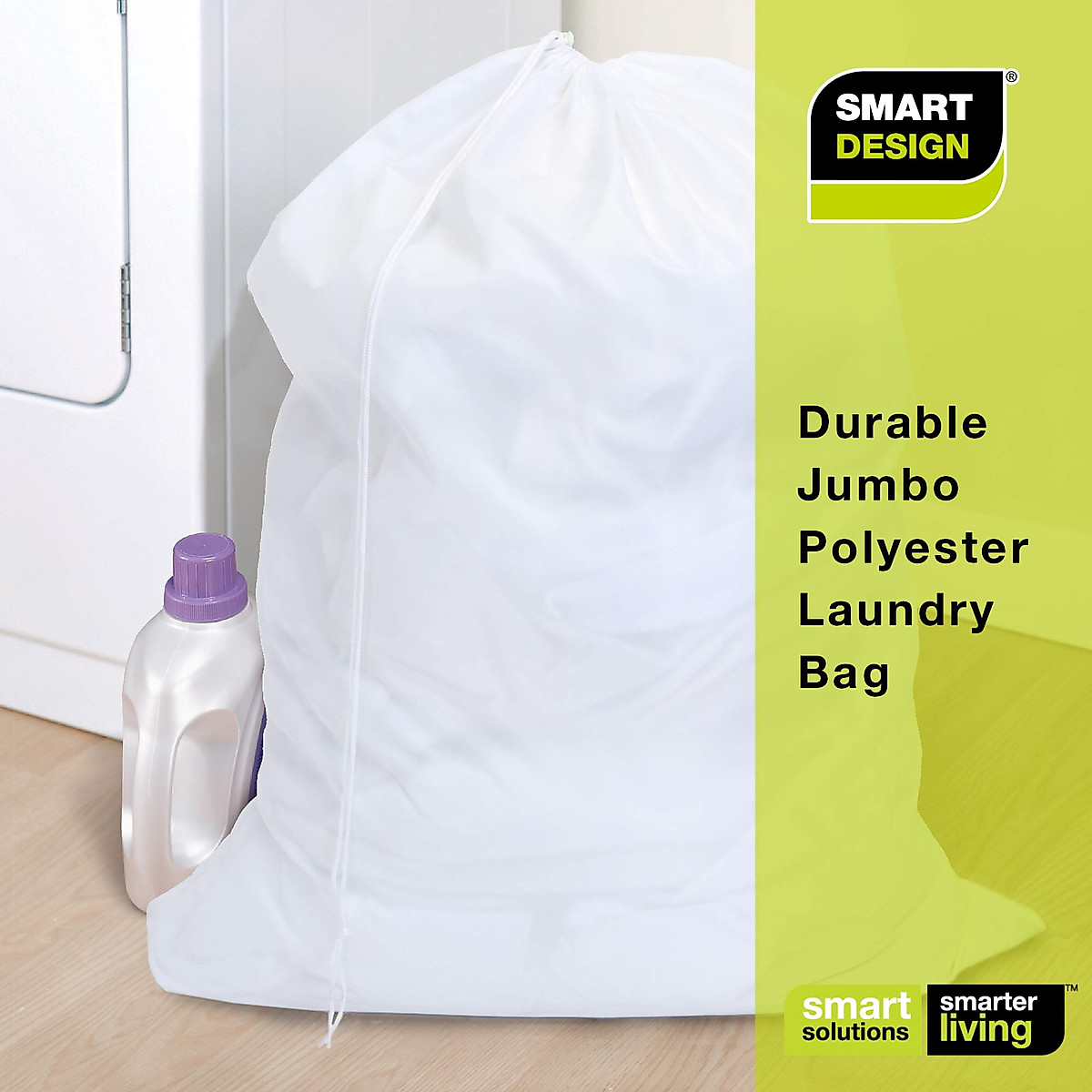 SMART DESIGN Jumbo Laundry Bag with Carry Handle and Push Lock Drawstring - Durable Polyester Nylon Material - Clothes, Sports, Kids - Home Organization Holds 3 Loads - 40 x 30 Inch - White