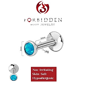 Forbidden Body Jewelry 16g 6mm Tragus Earring, Helix Earring & Labret Piercing, Internally Threaded 2mm Simulated Blue Opal Stud