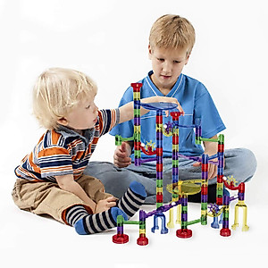 FUN LITTLE TOYS 154PCS Marble Run Set Toys for Kids, Gravity Marbles Maze Tower Building Blocks 98 Plastic Pieces 56 Glass Marbles, Marble Race Track Rolling Game, Educational Learning STEM Toy Gift