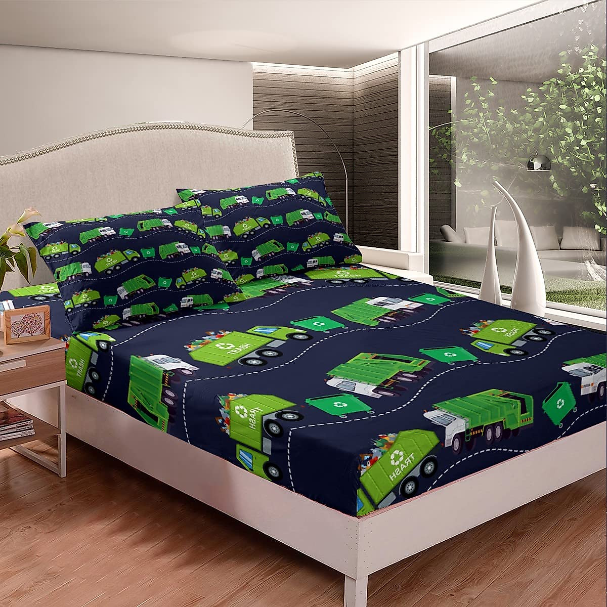 Garbage Trucks Fitted Sheet Twin Size Kids Cartoon Car Bedding Set for Boys Teens Rubbish Car Bed Sheet Set Breathable Vehicles Blue Green Bed Cover Room Decor